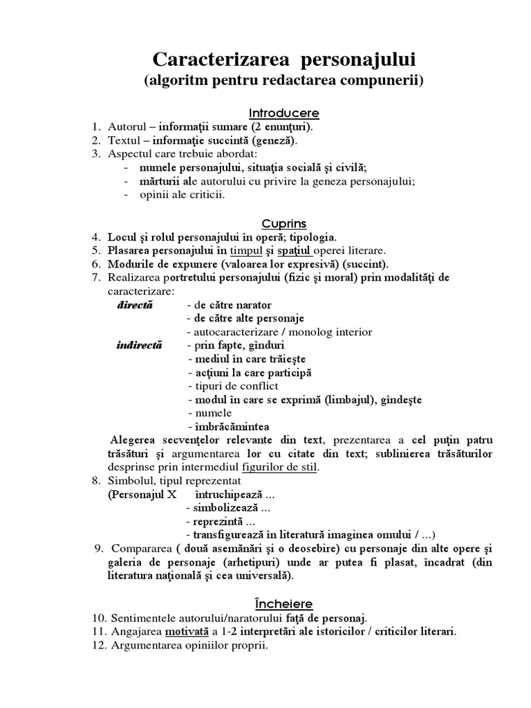 Caracterizarea Unui Personaj Caracterizarea Personaj Rezultate