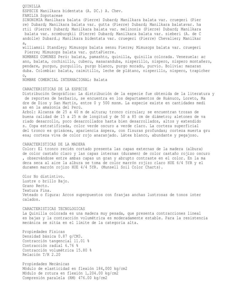 Características de la Madera Quinilla | PDF | Madera | Arboles