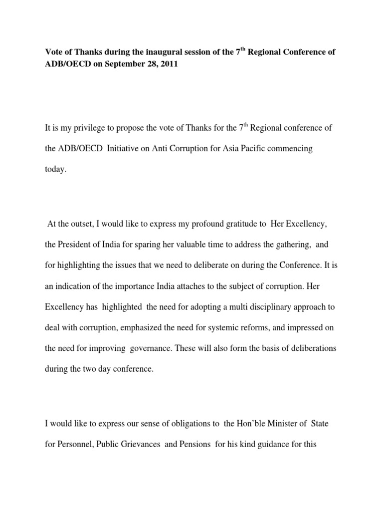 Vote of Thanks During The Inaugural Session | PDF | Public Sphere ...