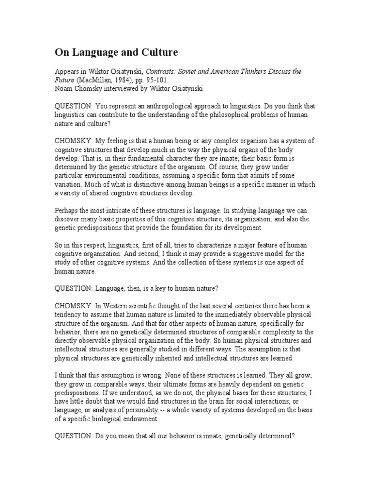 (Noam Chomsky) On Language and Culture | PDF | Linguistics | Thought