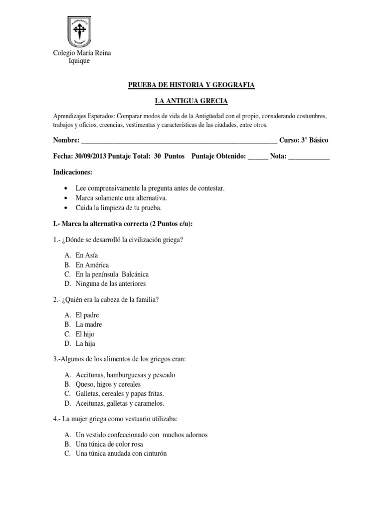 PRUEBA DE HISTORIA LA ANTIGUA GRECIA 3° Básico | Descargar gratis PDF | Antigua Grecia