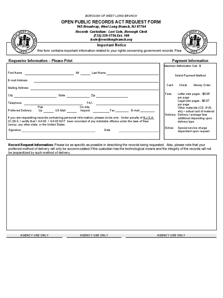 West Long Branch OPRA Request Form | PDF | Discovery (Law) | Computer ...