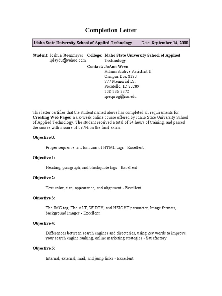 Completion Letter | PDF | Html Element | Html