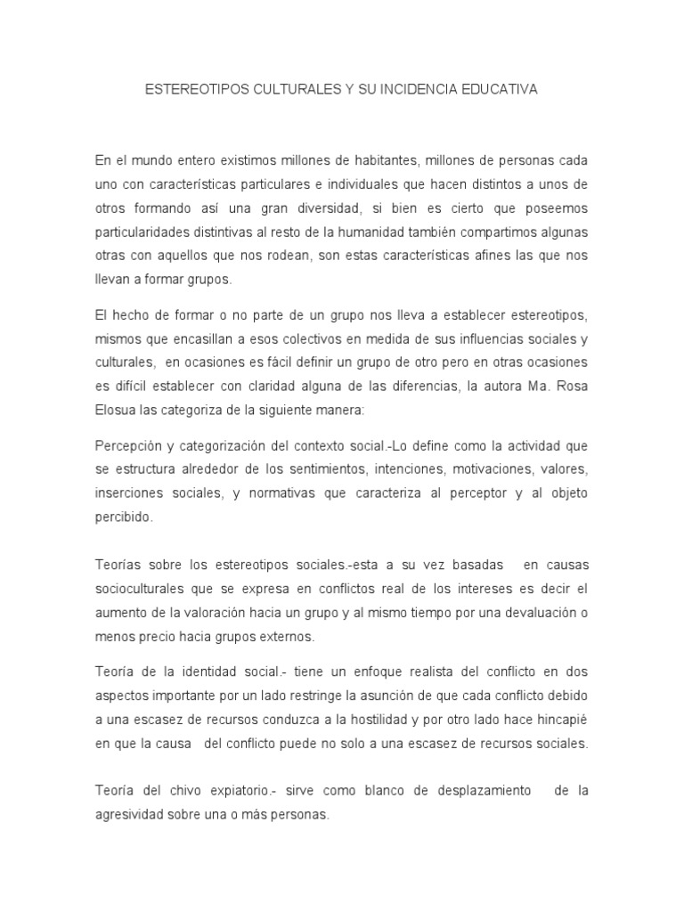 Estereotipos Culturales y Su Incidencia Educativa | PDF | Estereotipos ...