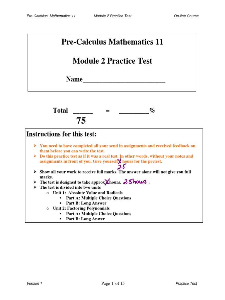 Precalc 11 - Module 2 Pretest Key | PDF | Abstract Algebra | Functions ...