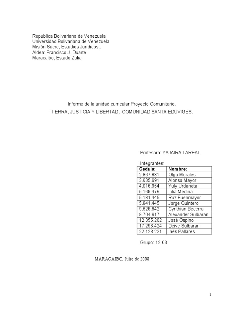 Tierra, Justicia y Libertad, Informe Comunidad Sta Eduviges | PDF