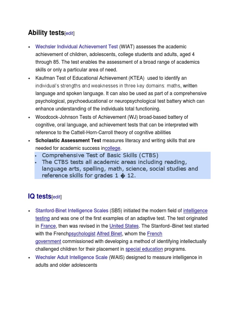 List of Ability Tests | PDF | Wechsler Adult Intelligence Scale ...
