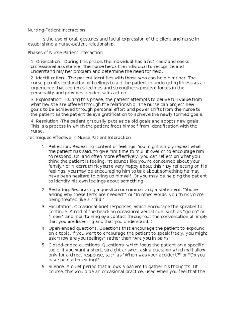 Phases and Techniques of Nurse-Patient Interaction | PDF | Patient ...