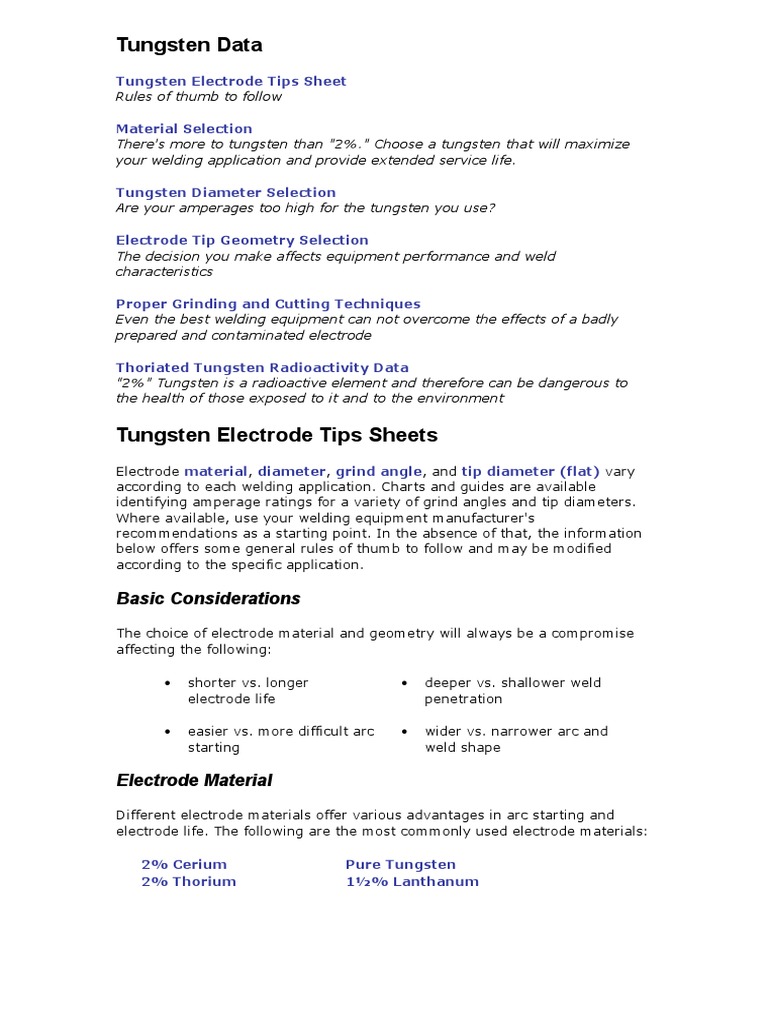 Tungsten Electrode Selection Guide | PDF | Tungsten | Welding