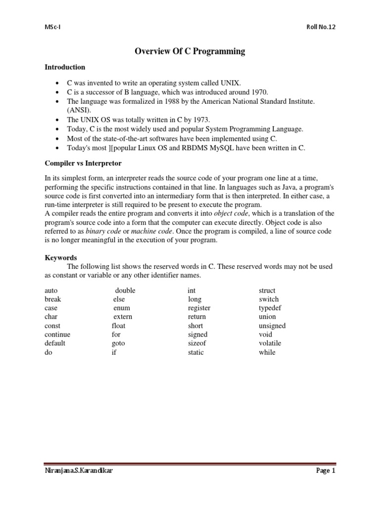 Overview of C Programming: Msc-I Roll No.12 | PDF | Control Flow | C (Programming Language)