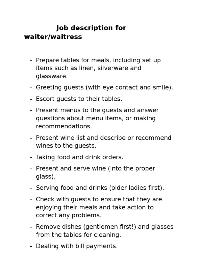 Waiter/Waitress Job Description | PDF