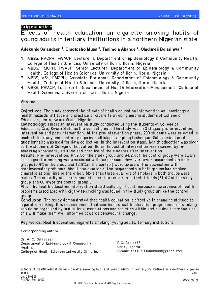Effects of Health Education On Cigarette Smoking Habits of Young Adults ...