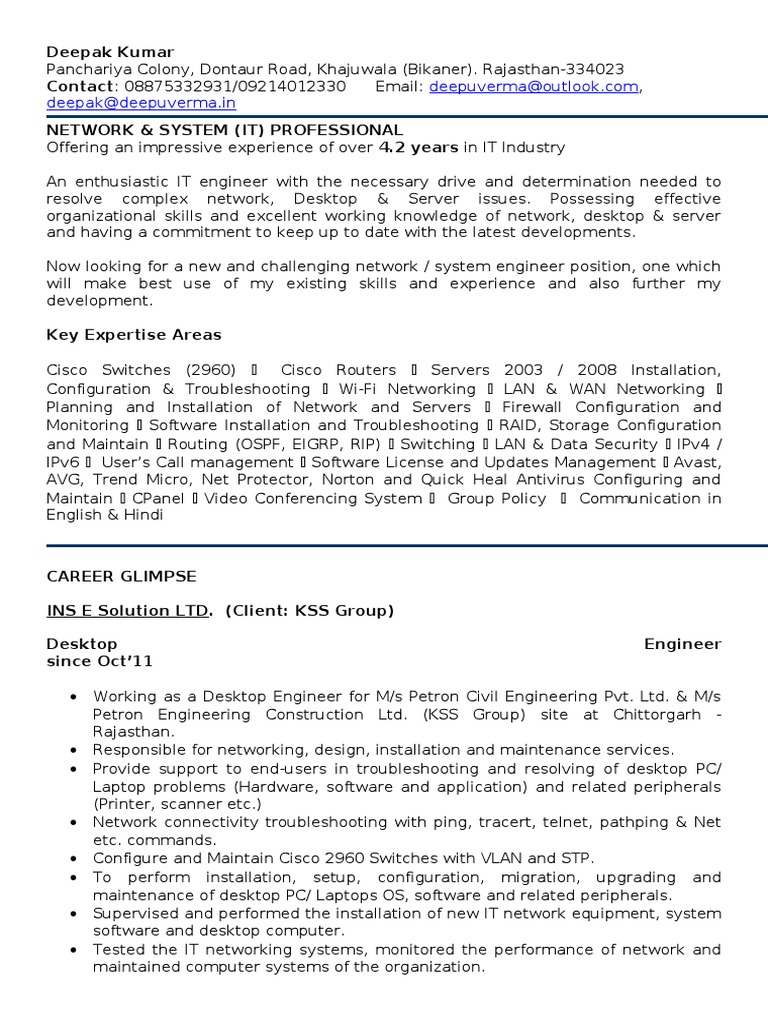 Network Engineer Resume Deepak Kumar | PDF | Local Area Network | Remote Desktop Services