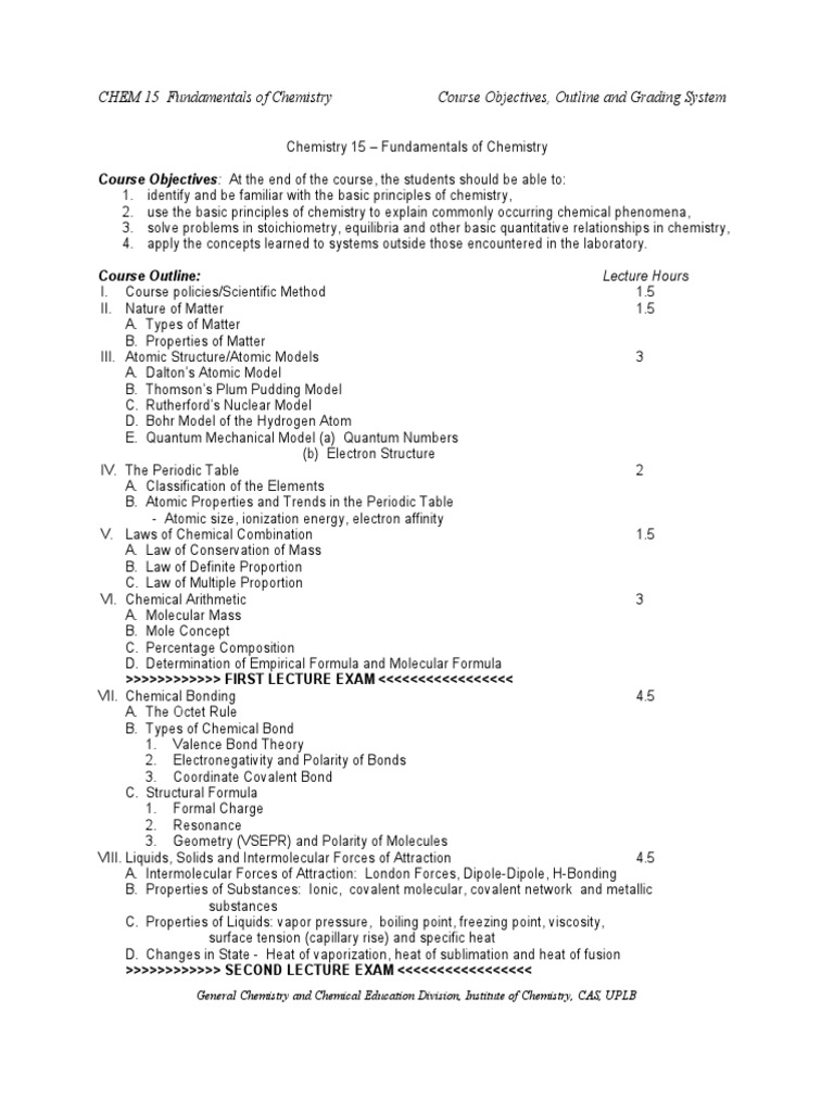 CHEM 15 Fundamentals of Chemistry Course Objectives, Outline and ...