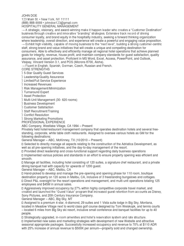John Doe CV | PDF | General Manager | Hotel