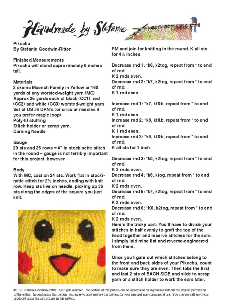 Pikachu Free Pattern | PDF | Knitting | Gauge (Knitting)