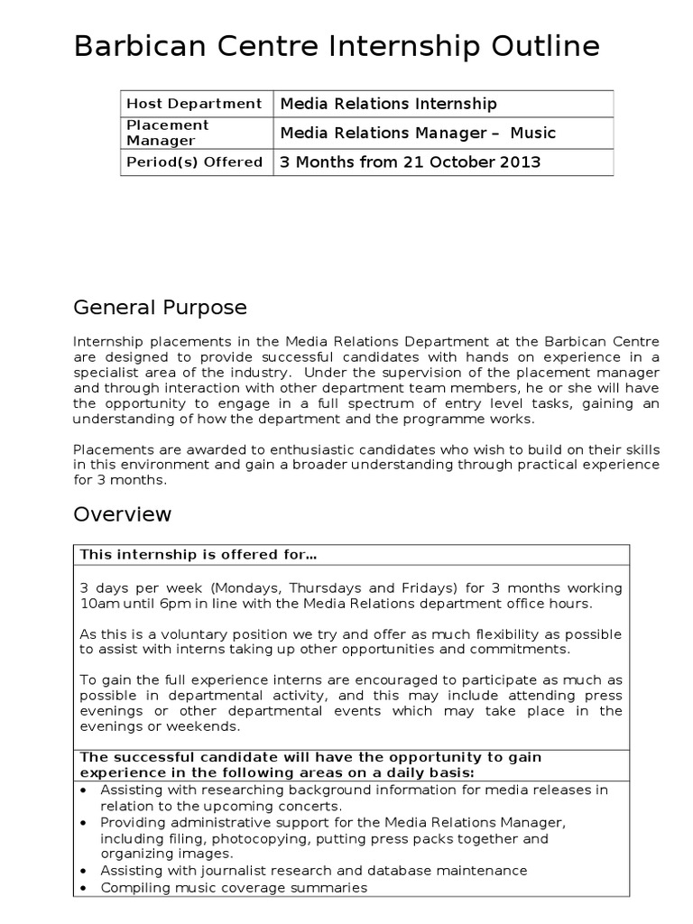 Barbican Centre Internship Outline: General Purpose | PDF | Internship ...