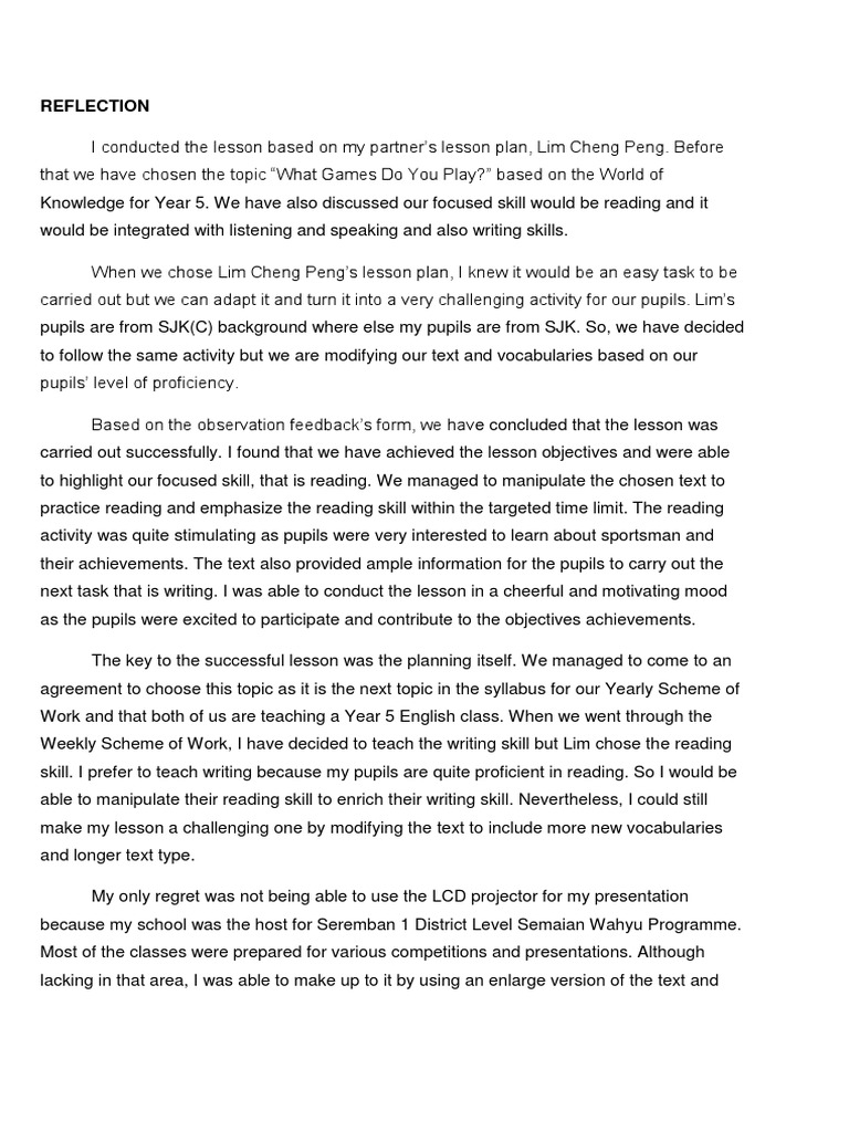 Reflection on Year 5 Lesson Planning | PDF | Reading Comprehension ...