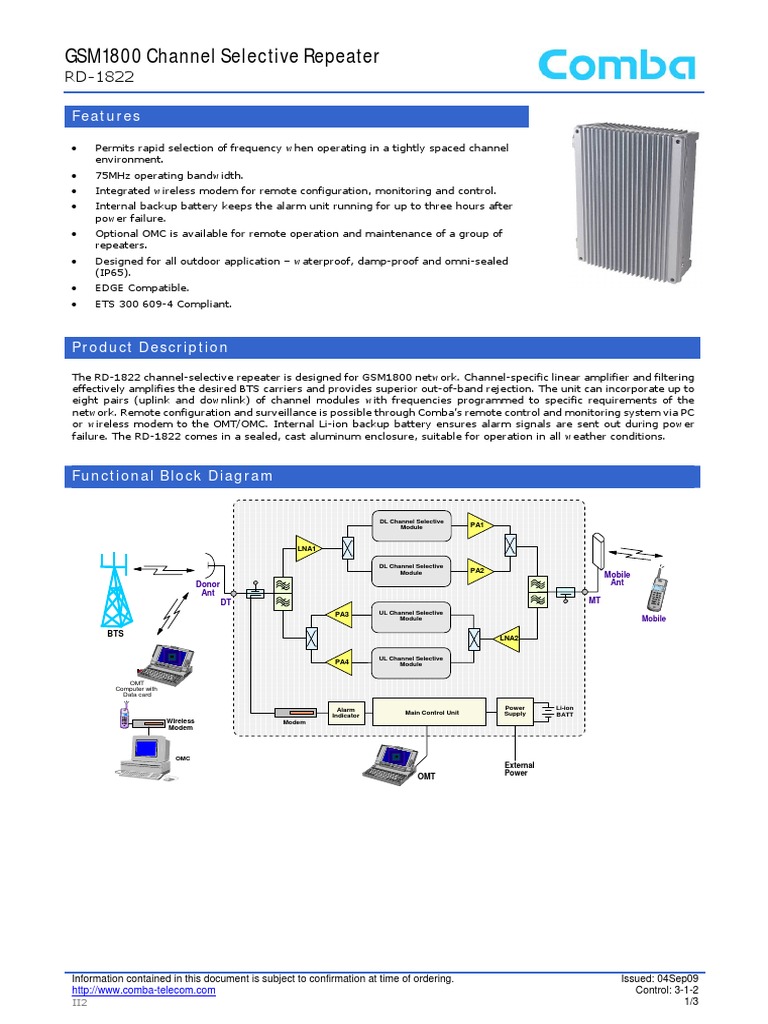 GSM1800 Channel Selective Repeater: Features | PDF | Modem | Amplifier