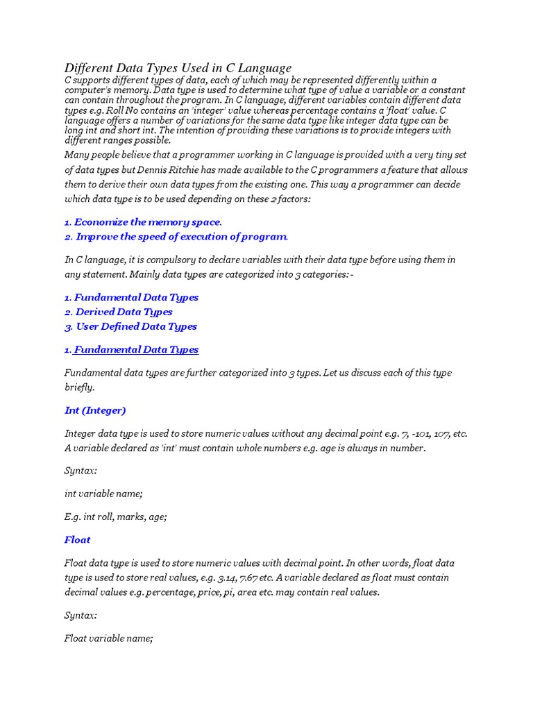 Different Data Types Used in C Language | PDF | Data Type | Integer (Computer Science)