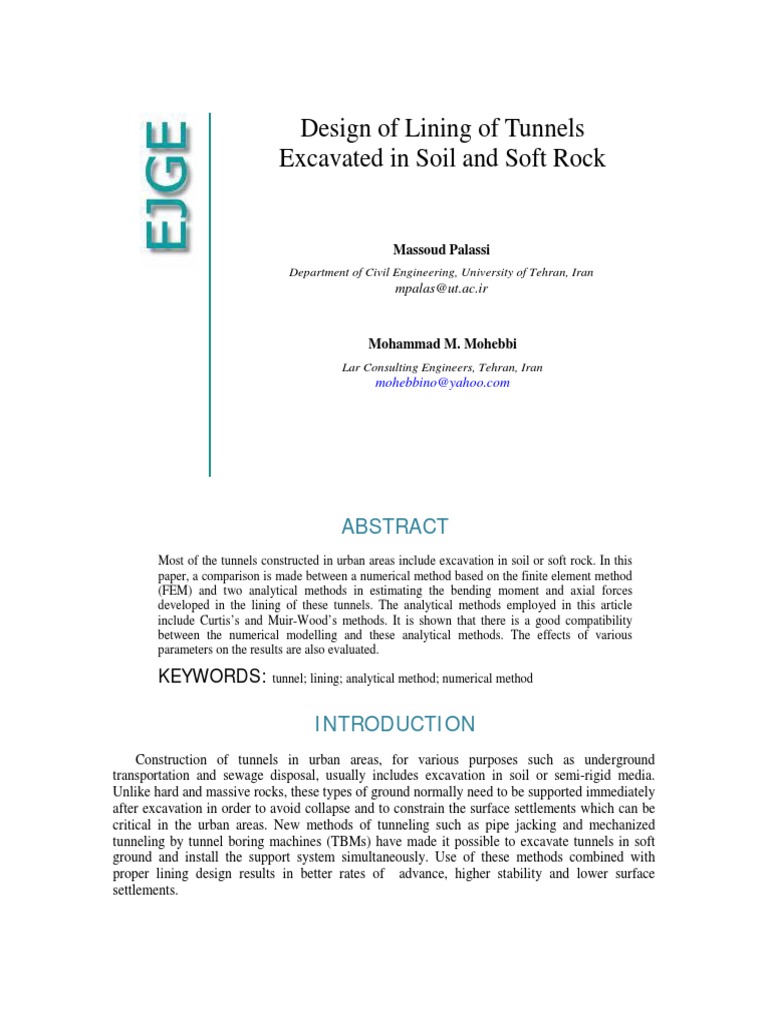 Design of Lining of Tunnels Excavated in Soil and Soft Rock PDF | PDF | Bending | Finite Element ...