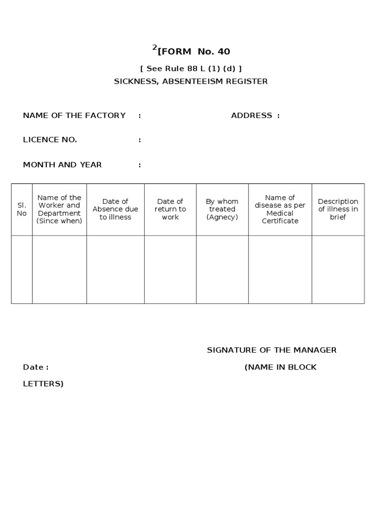 (FORM No. 40: (See Rule 88 L (1) (D) ) Sickness, Absenteeism Register | PDF