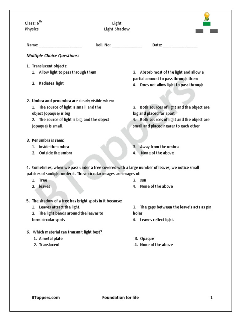 Multiple Choice Questions:: Class: 6 Light Physics Light Shadow | PDF ...