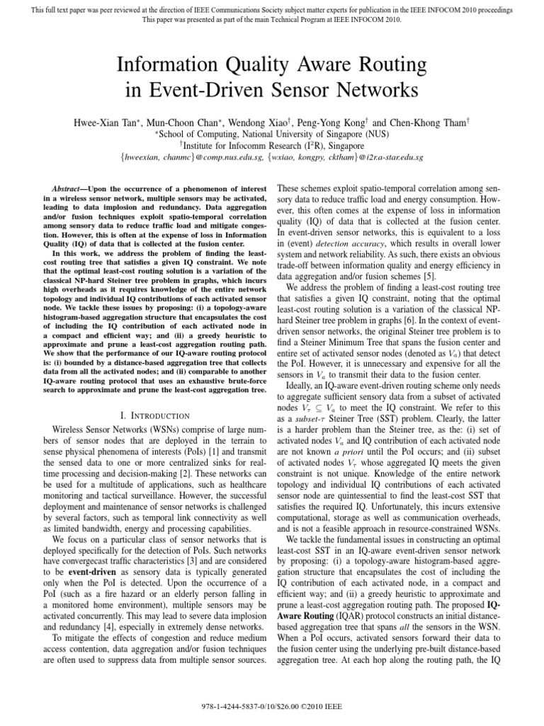 Information Quality Aware Routing in Event-Driven Sensor Networks | PDF | Routing | Wireless ...