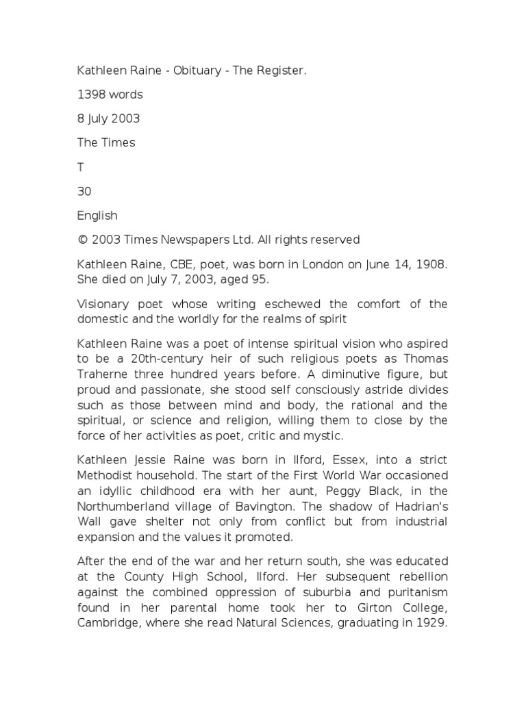 Kathleen Raine Obit | PDF | Religion And Belief | Poetry
