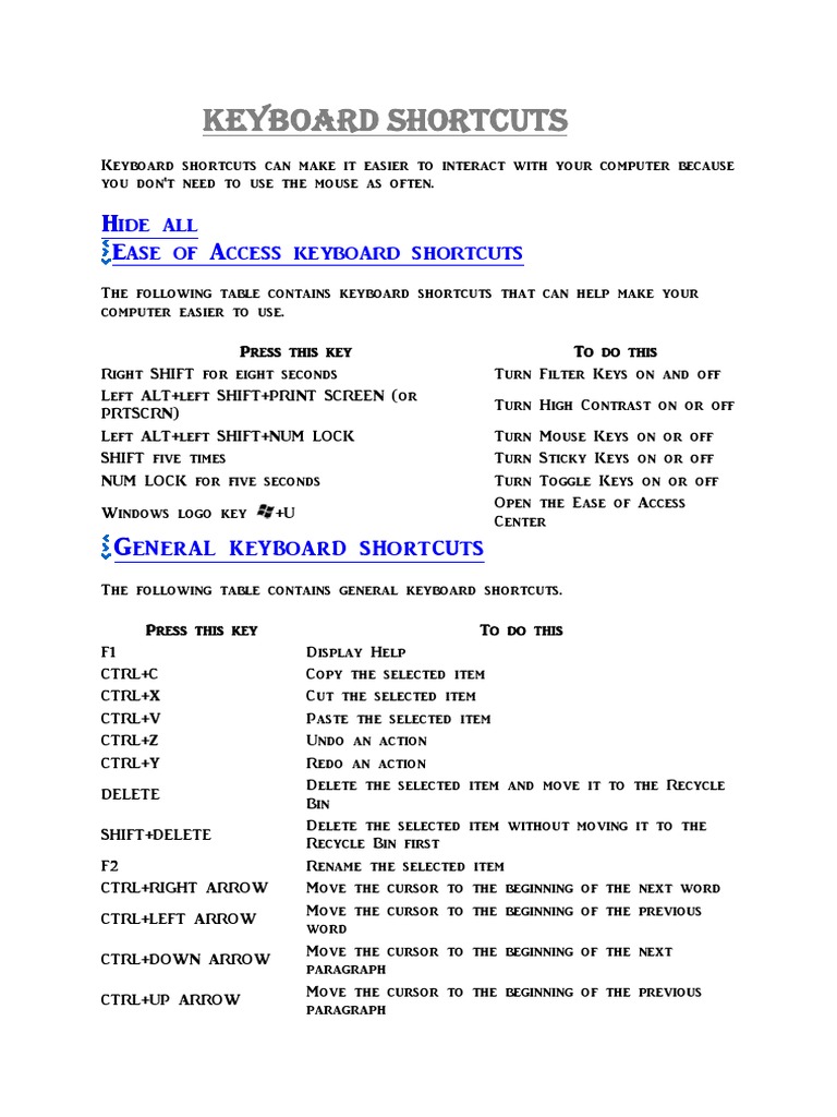 Hide All Ease of Access Keyboard Shortcuts | PDF | Computer Keyboard | Graphical User Interfaces