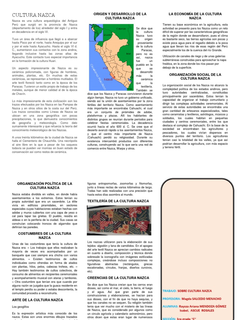 Cultura Nazca Triptico | PDF | Arqueología | Cultura (general) Cultura Nazca Triptico | PDF | Arqueología | Cultura (general)