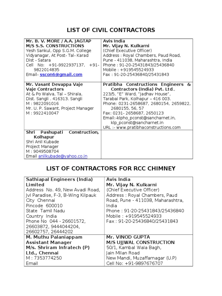 List of Civil Contractors & RCC Chimney | PDF | Art | Technology ...