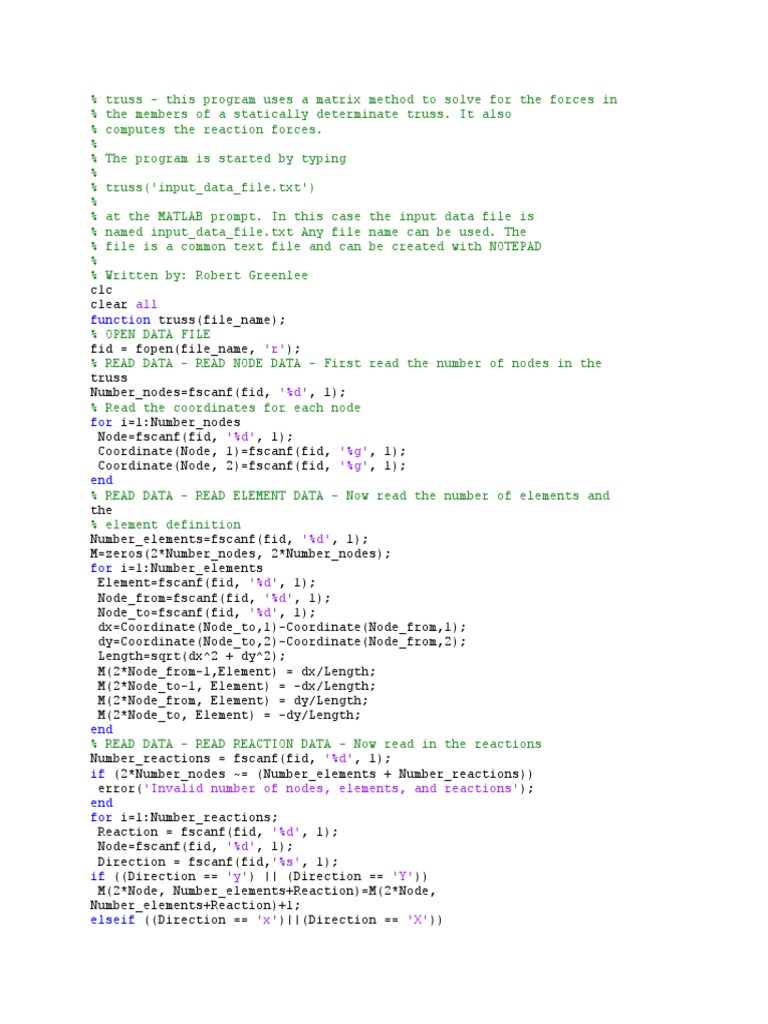 Matlab Code For Truss Problem, Generalised Program | PDF | Truss | Text File