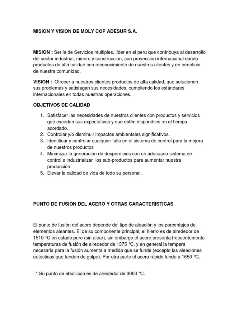 Mision y Vision de Moly Cop Adesur S | PDF | Acero | Rieles
