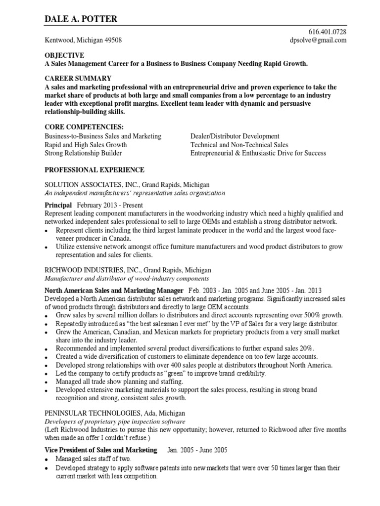 National Sales Manager Business Development in USA Resume Dale Potter ...