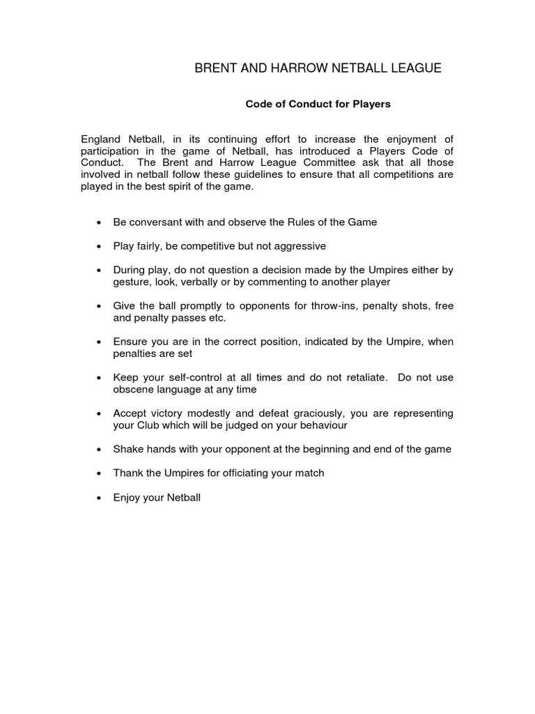 Brent and Harrow Netball Player Conduct | PDF