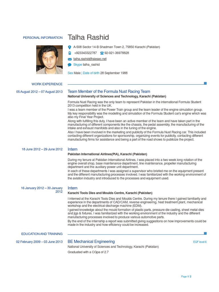 Talha Rashid: Team Member of The Formula Nust Racing Team | PDF ...