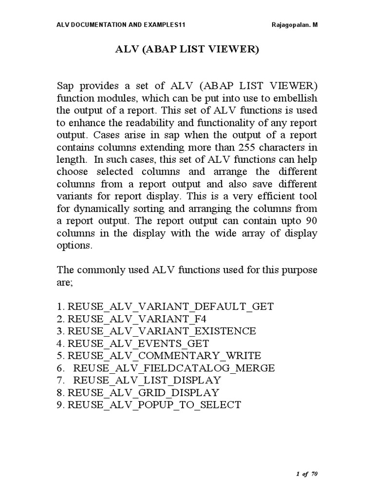 Alv (Abap List Viewer) : Alv Documentation and Examples11 Rajagopalan. M | PDF