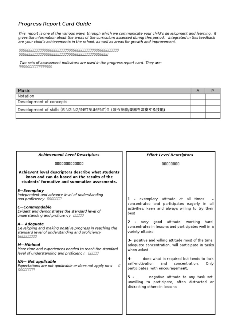Music Progress Report Card Guide | PDF | Recorder (Musical Instrument ...