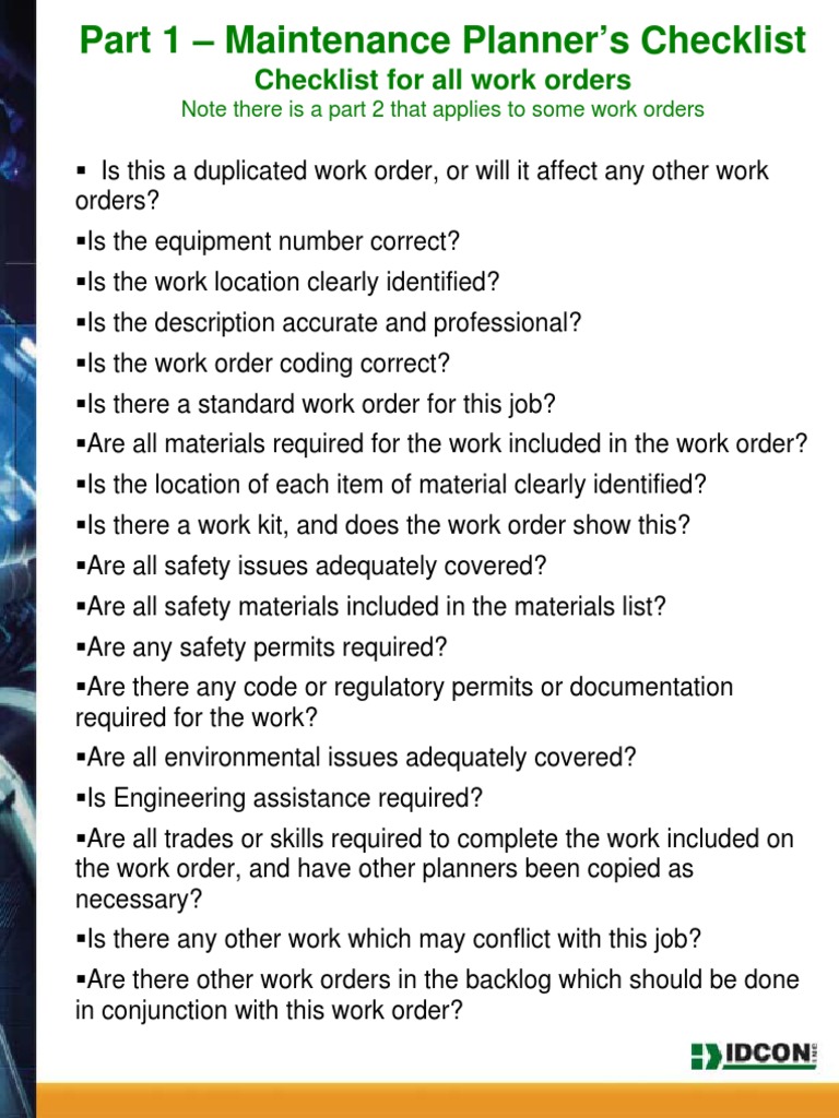 Maintenance Planner's Work Order Checklist | PDF