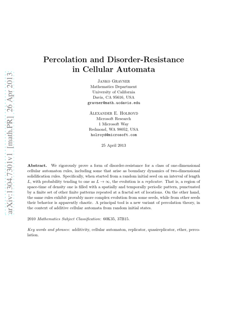 Percolation and Disorder Resostance in Cellular Automata | PDF | Chaos Theory | Randomness