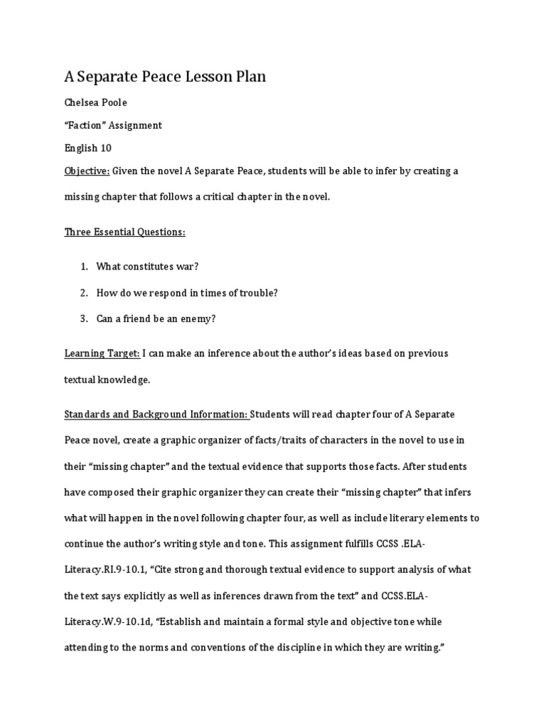 A Separate Peace Lesson Plan | PDF | Lesson Plan | Understanding
