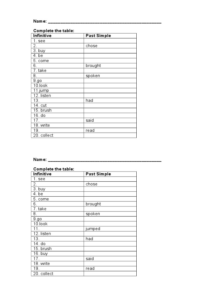 Complete The Table Irregular Verbs Past Simple | PDF | Language Arts ...