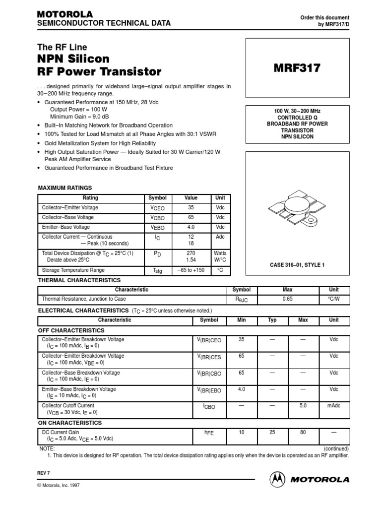 MRF317 | Download Free PDF | Bipolar Junction Transistor | Amplifier