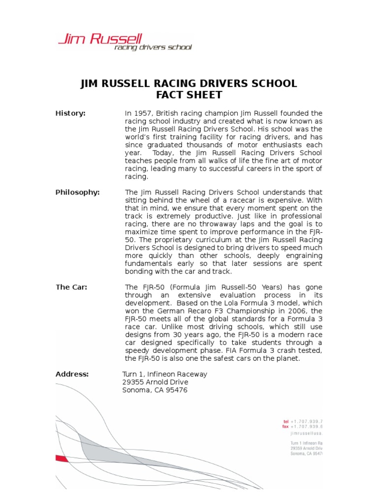 Jim Russell Racing Drivers School Fact Sheet | PDF | Auto Racing ...