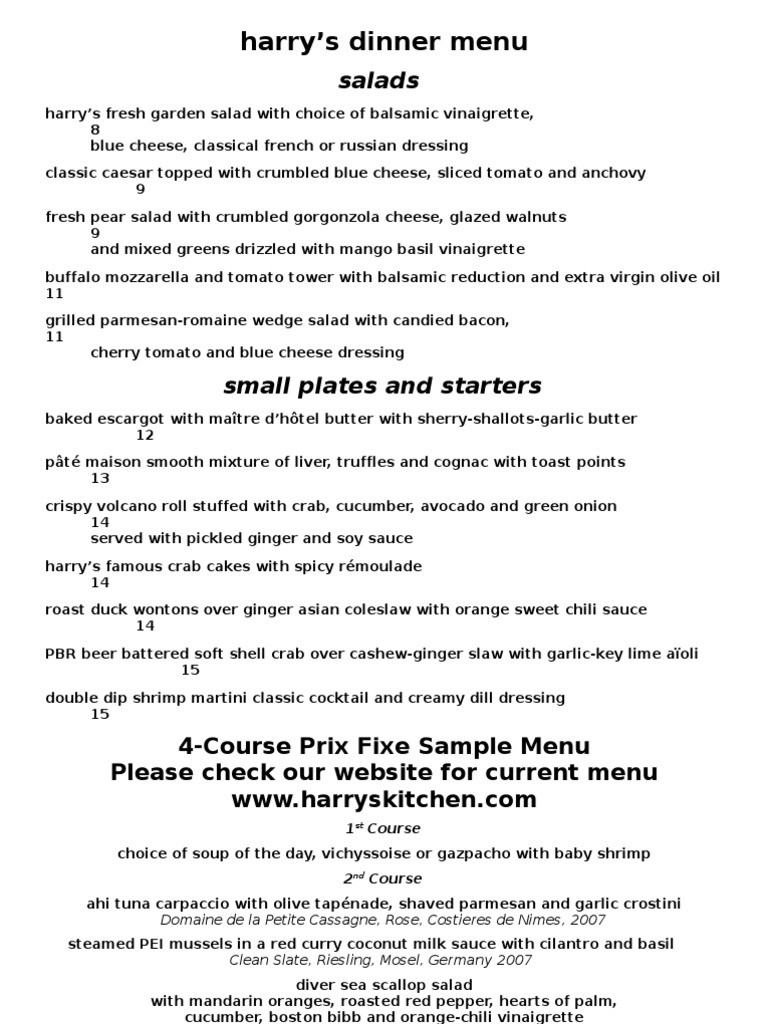 Harry's Continental Kitchens Dinner Menu | PDF | Salad | Food And Drink ...