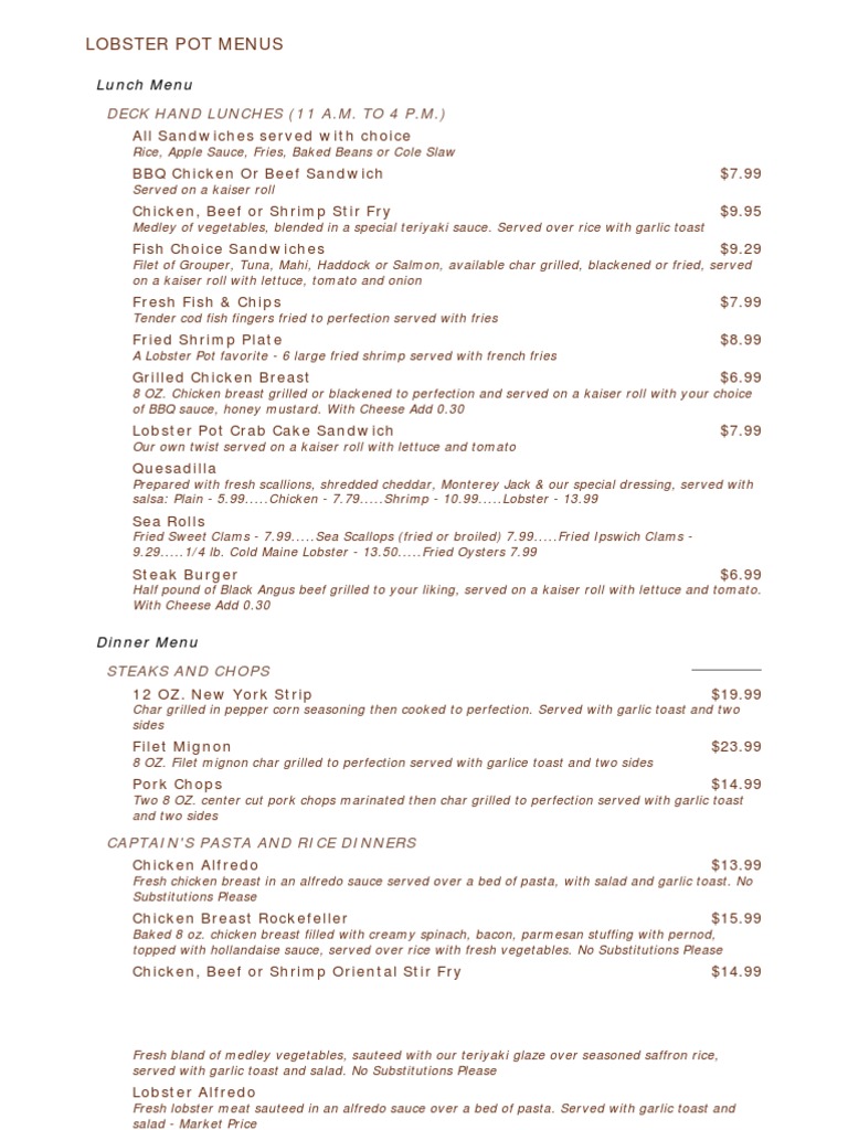 Lobster Pot Menus: Deck Hand Lunches (11 A.M. To 4 P.M.) | PDF | Salad ...