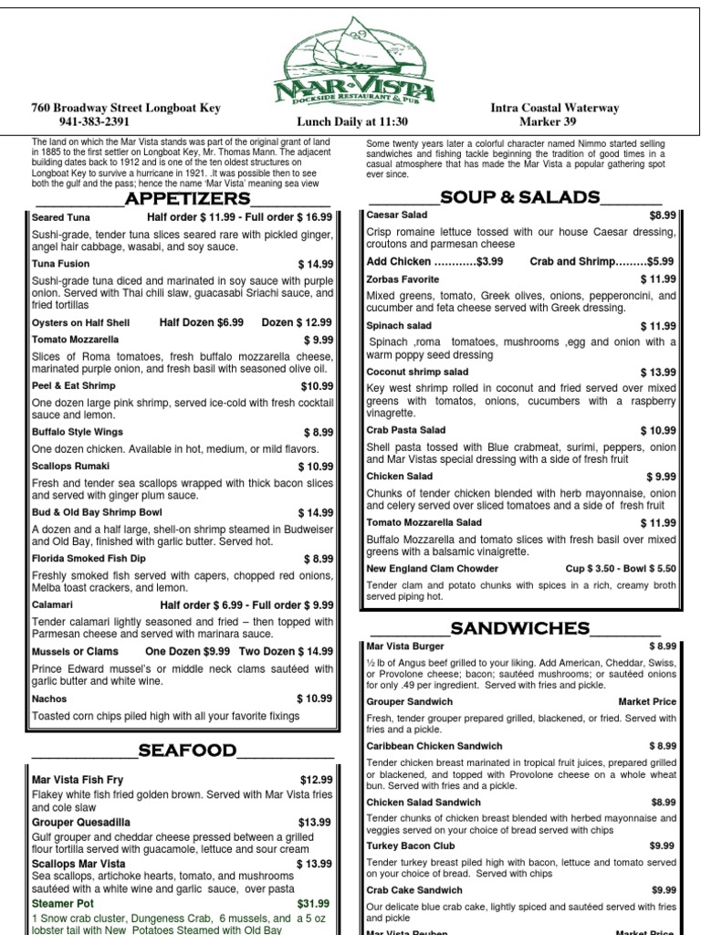 Mar Vista Dockside Restaurant & Pub Lunch Menu | Salad | Cuisine
