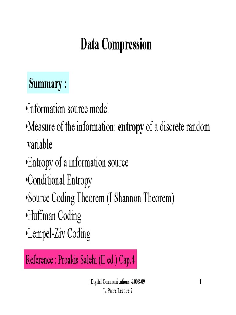Data Compression: Reference: Proakis Salehi (II Ed.) Cap.4 | PDF ...