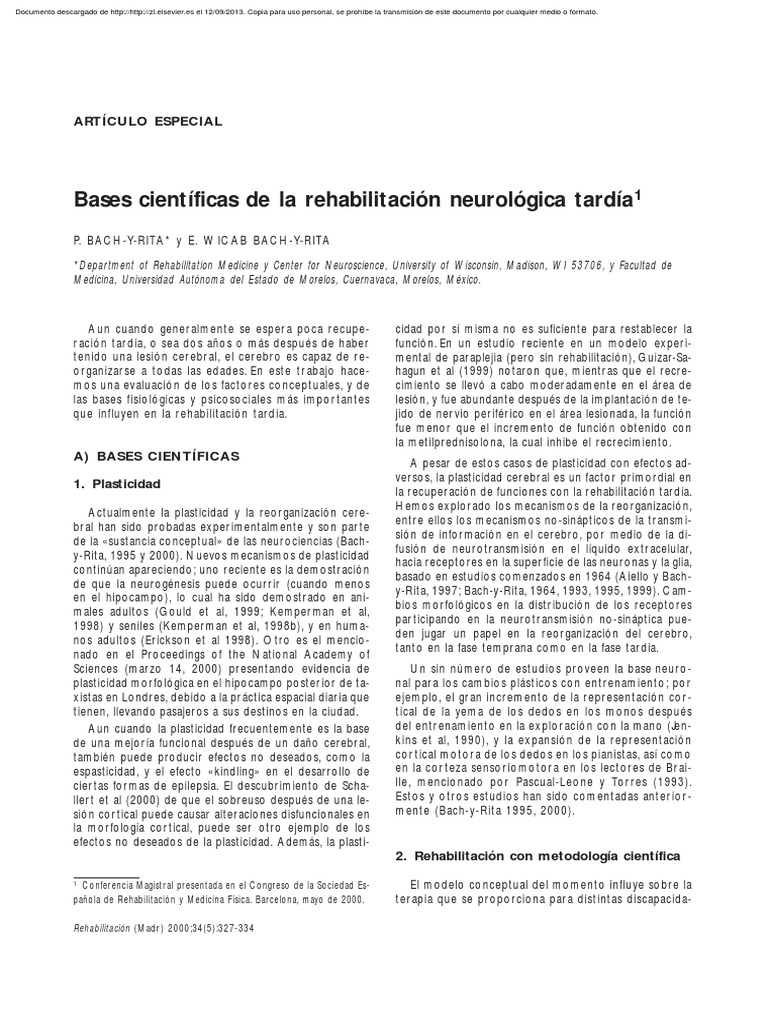 Bases Científicas de La Rehabilitación Neurológica Tardía. Bach-Y-Rita ...